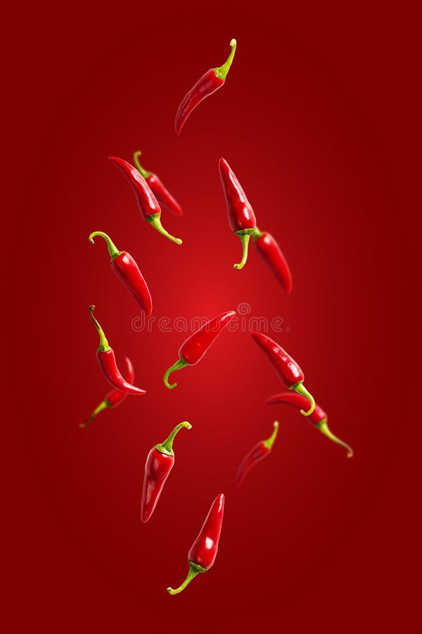 Fresh Red Chilli Peppers Floating in the Air. Food Levitation. Falling ...