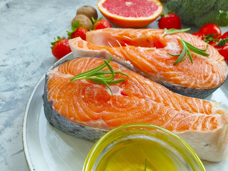 Fresh Red Fish Dinner Nutrition on Concrete Background Ingredient ...