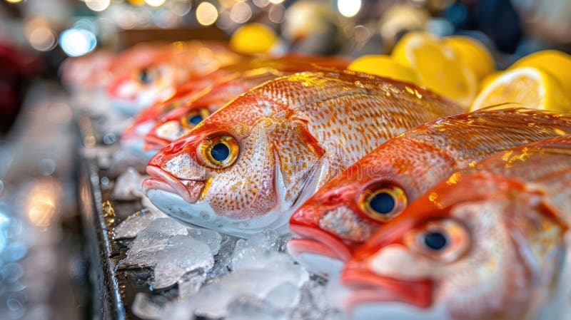 Fresh Red Fish on Ice at a Market Stock Illustration - Illustration of ...