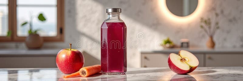 Fresh Red Fruit Juice and Apples on a Kitchen Counter Stock Image ...