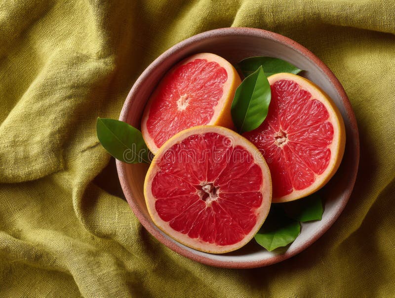 Fresh Red Grapefruit Segments with Green Leaves in Rustic Bowl on Soft ...