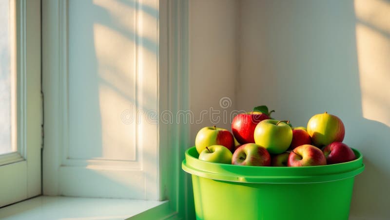 Fresh Red and Green Apples in a Green Plastic Bucket Next To a Window ...