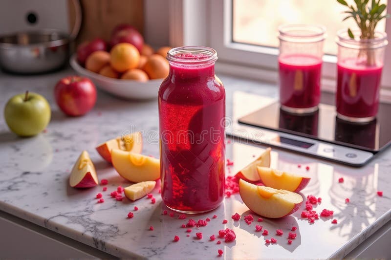 Fresh Red Juice in Glass Bottle with Sliced Apples on Marble Kitchen ...
