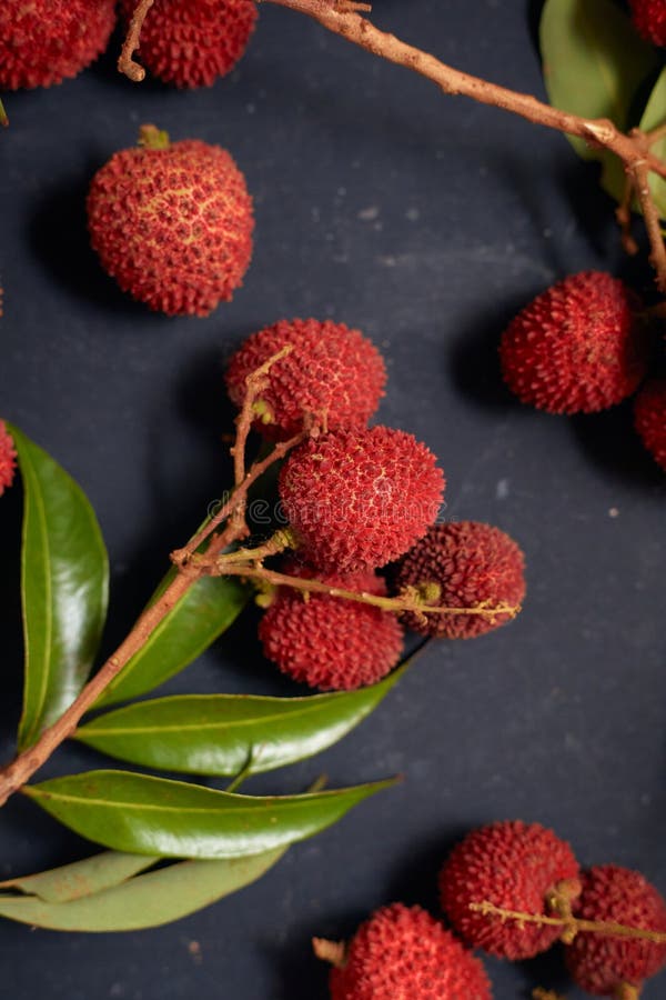 Fresh Red Lychee Fruits with Leaves Stock Photo - Image of brown ...