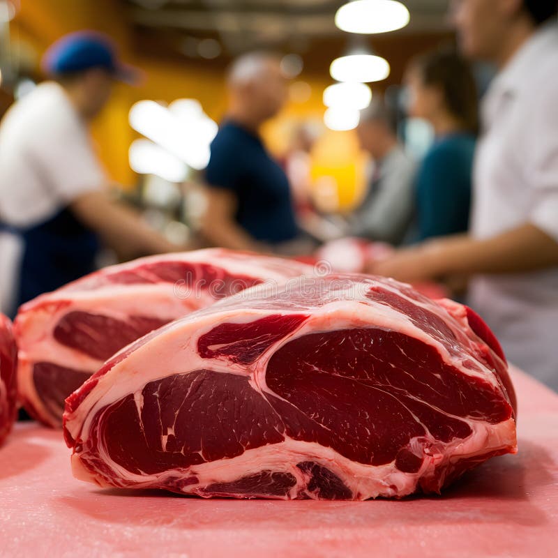 Fresh Red Meat with Marbled Texture in Indoor Market Setting. Stock ...