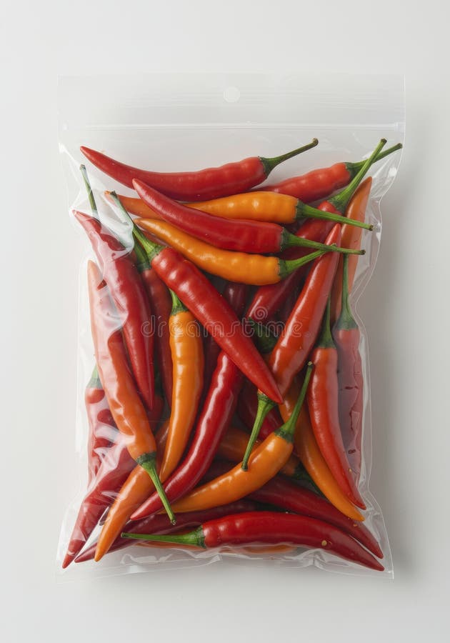 Fresh Red and Orange Chili Peppers in Clear Plastic Bag Isolated Stock ...