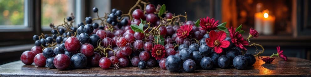 Fresh Red and Purple Grapes with Red Flowers on Rustic Table by ...
