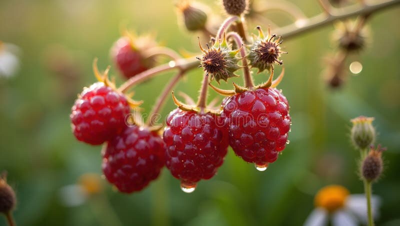 Fresh Red Raspberries with Morning Dew on a Sunny Meadow Stock ...