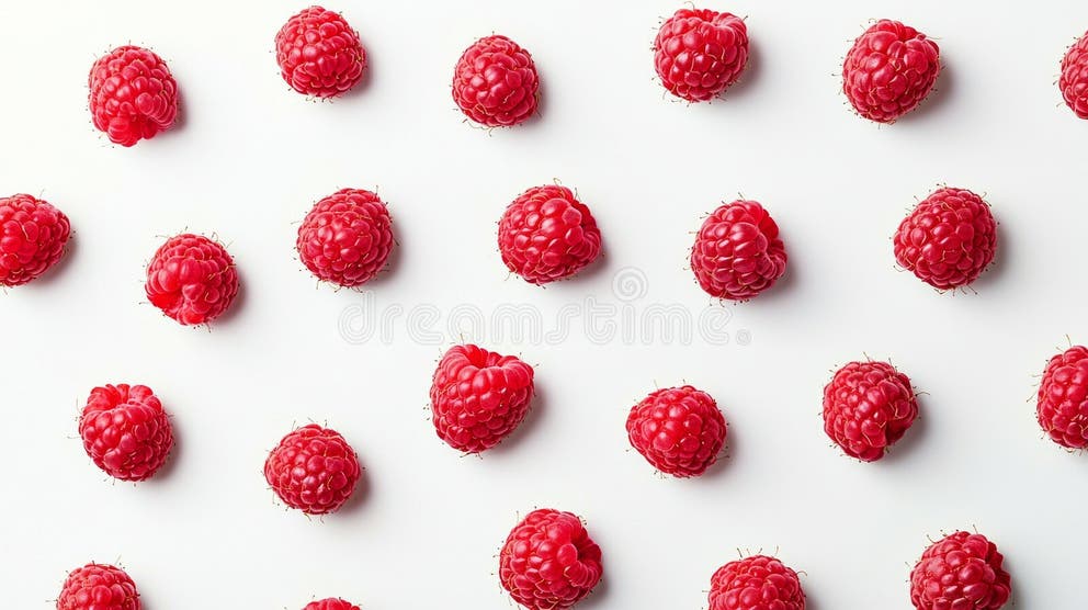 Fresh Red Raspberries Pattern on White Background, Summer Fruit for ...
