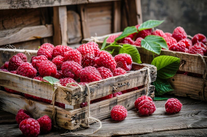 Fresh Red Raspberries in Wooden Crates for Food Advertisement in Rustic ...