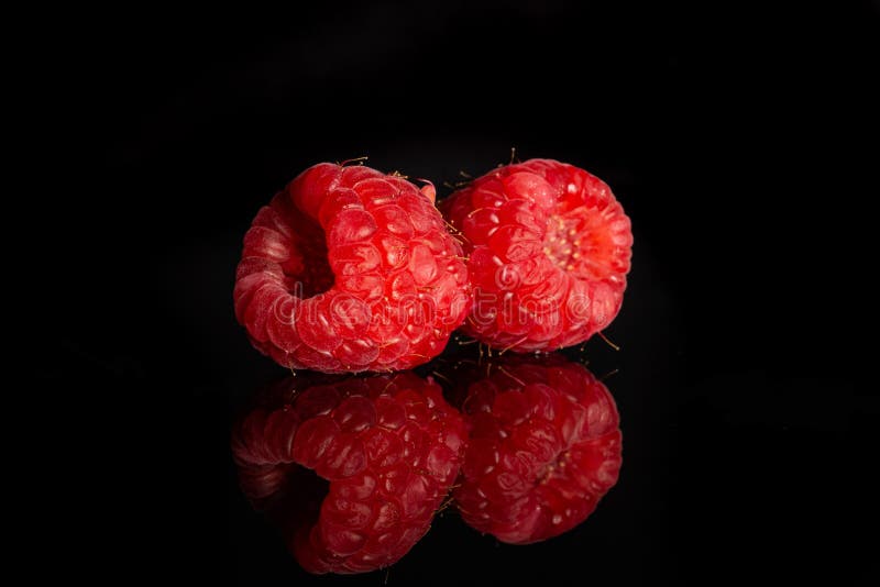 Fresh Red Raspberry Isolated on Black Glass Stock Photo - Image of ...