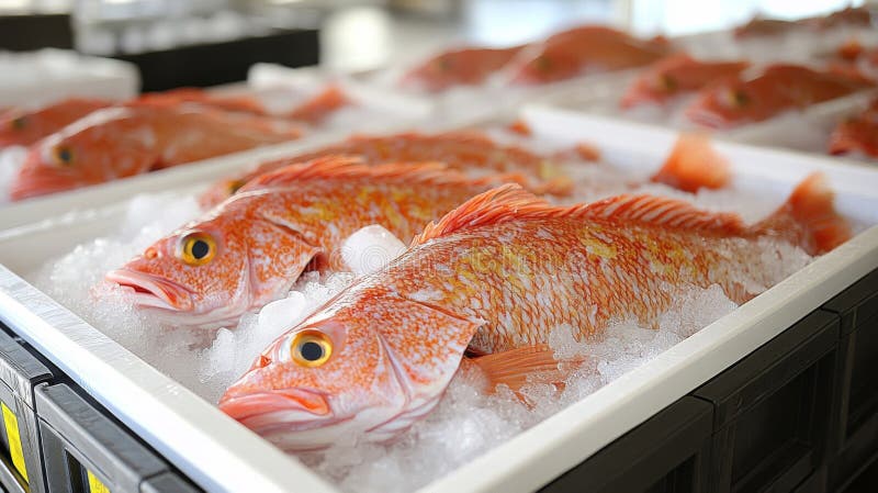 Fresh Red Snapper Fish on Ice in a White Container Stock Illustration ...