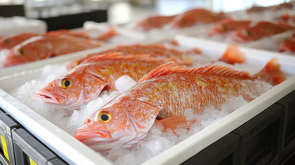 Fresh Red Snapper Fish on Ice in a White Container Stock Illustration ...