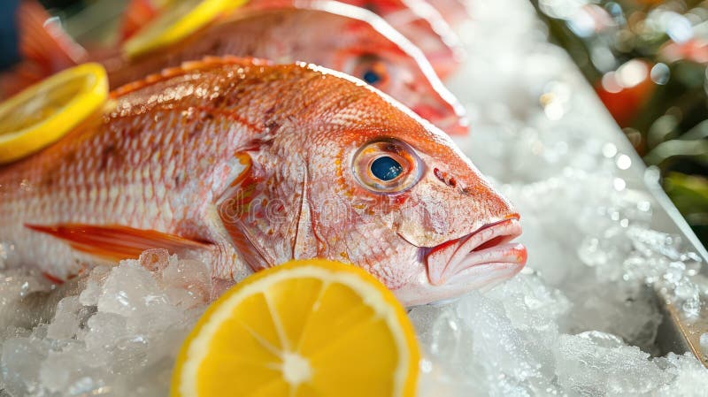 Fresh Red Snapper Fish with Lemon Slices on Ice Stock Illustration ...