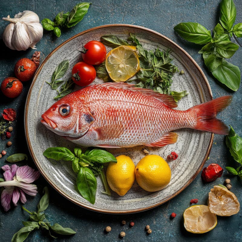A Fresh Red Snapper Fish is Presented on a Rustic Plate. Surrounded by ...