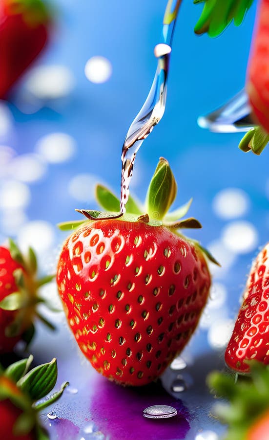 A Fresh Red Strawberry with Water Drops on a Blue Background Stock ...