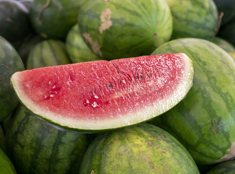Fresh Red Watermelons on Shelves in Supermarket Stock Photo - Image of ...