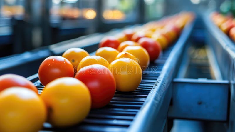 Fresh Red and Yellow Tomatoes on a Conveyor Belt in a Modern Industrial ...