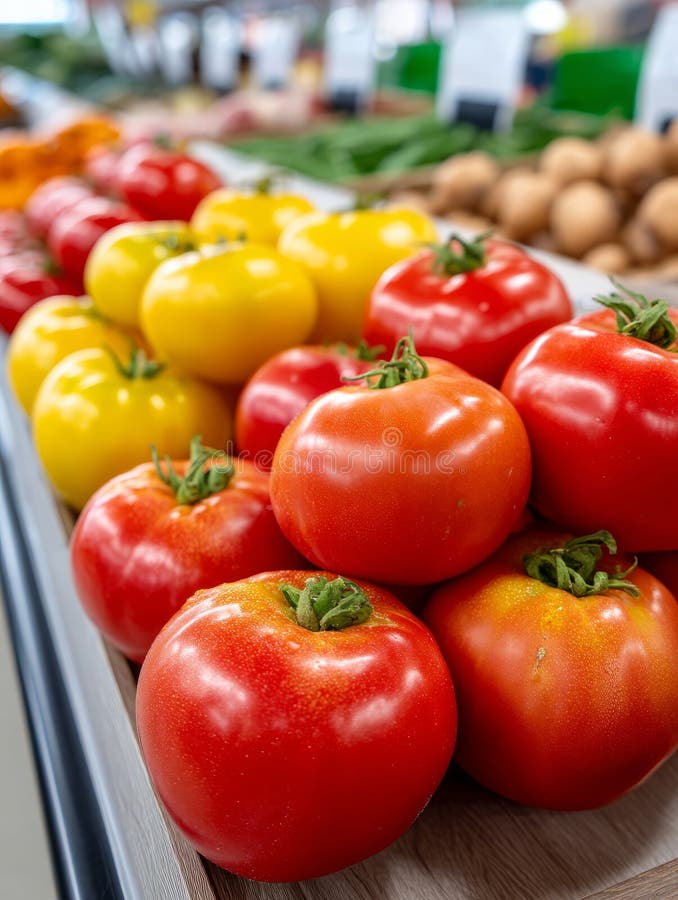 Fresh Red and Yellow Tomatoes on Display at the Grocery Store. Stock ...