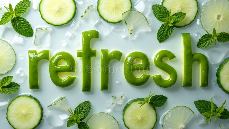 Fresh Refresh Spelled with Cucumbers Mint and Lime on Glass Surface ...