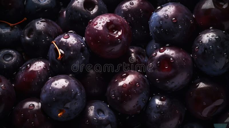 Fresh Ripe Acai Berries with Water Drops Background. Berries Backdrop ...