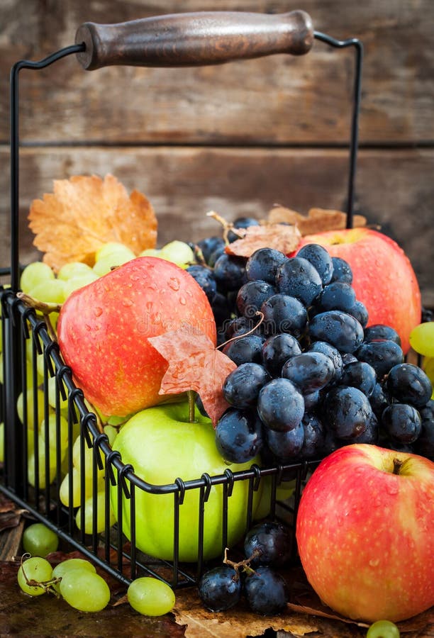 Fresh Ripe Autumn Apples and Grapes Stock Photo - Image of food, wooden ...
