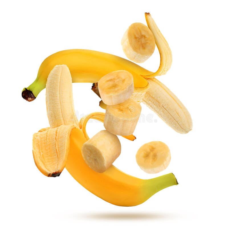 Fresh Ripe Bananas Falling on White Background Stock Photo - Image of ...