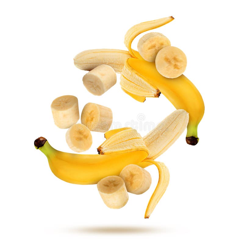 Fresh Ripe Bananas Falling on White Background Stock Photo - Image of ...