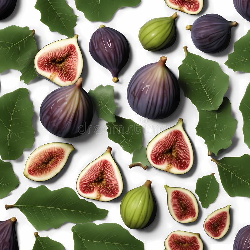 Fresh Ripe Figs with Green Leaves on White Background, , Top View Stock ...