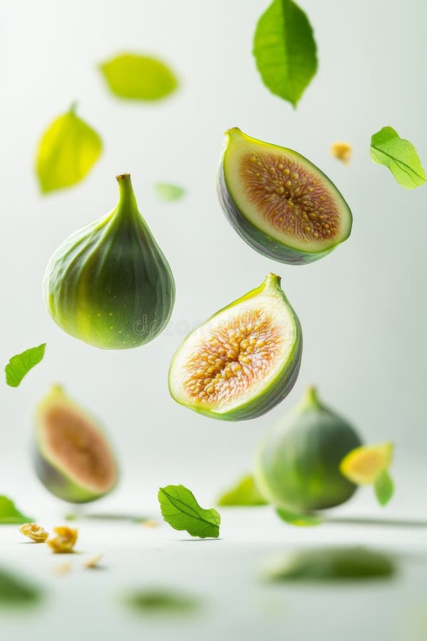 Fresh Ripe Figs in Motion Blur. Sliced and Whole Green Figs Levitating ...