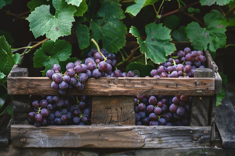Fresh Ripe Grapes with Leaves in a Wooden Box Stock Image - Image of ...