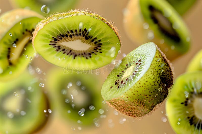 Fresh Ripe Kiwi Green Fruit Whole and Slices with Drops Falling Flying ...