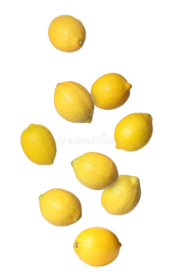 Fresh Ripe Lemons Falling on White Background Stock Photo - Image of ...