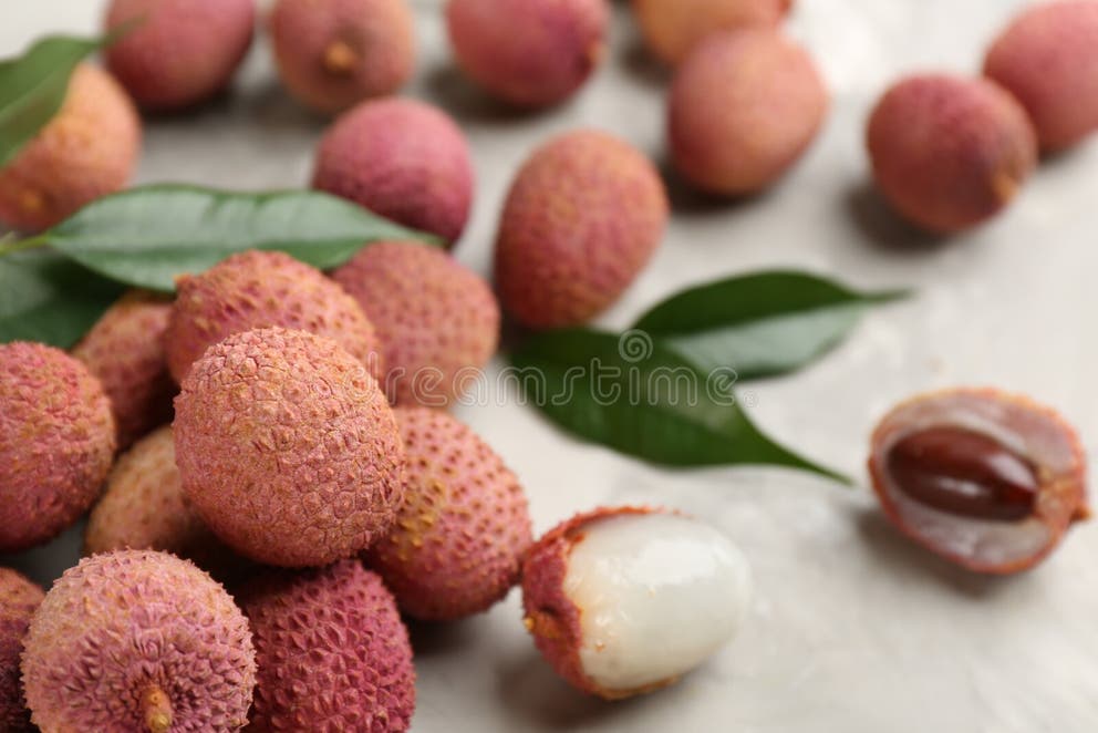 Fresh Ripe Lychee Fruits on Light Grey Table Stock Image - Image of ...