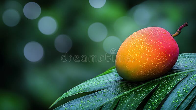 Fresh Ripe Mango with Dew on a Tropical Green Leaf Stock Illustration ...