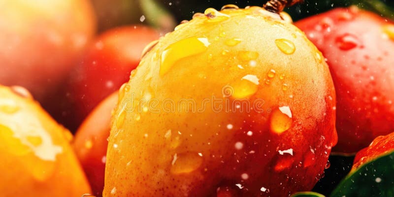 Fresh Ripe Mango with Water Droplets Surrounded by Lush Green Leaves ...