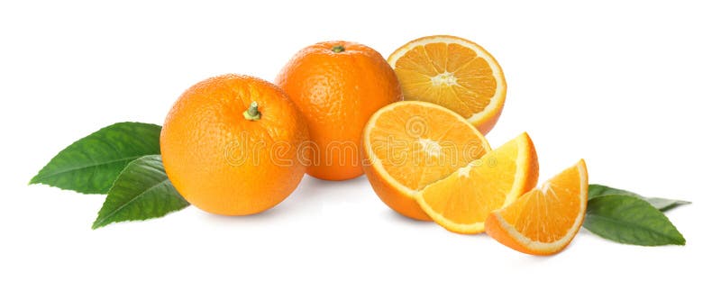 Fresh Ripe Oranges and Green Leaves on White Background. Citrus Fruit ...