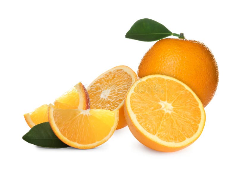 Fresh Ripe Oranges and Green Leaves on White Background. Citrus Fruit ...