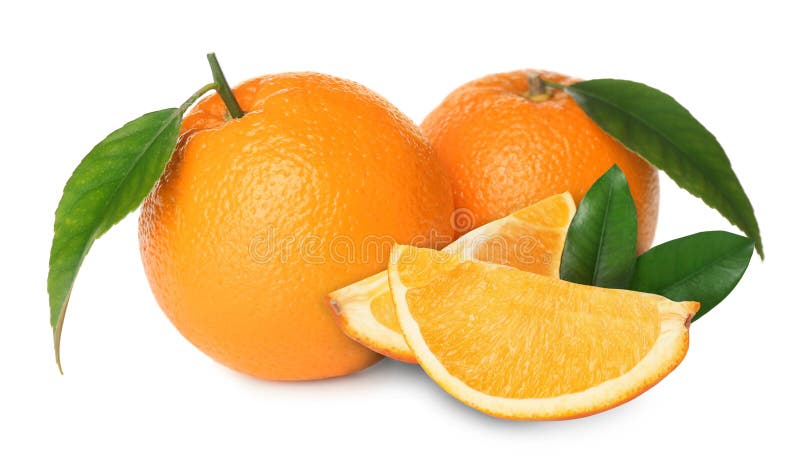 Fresh Ripe Oranges and Green Leaves on White Background. Citrus Fruit ...