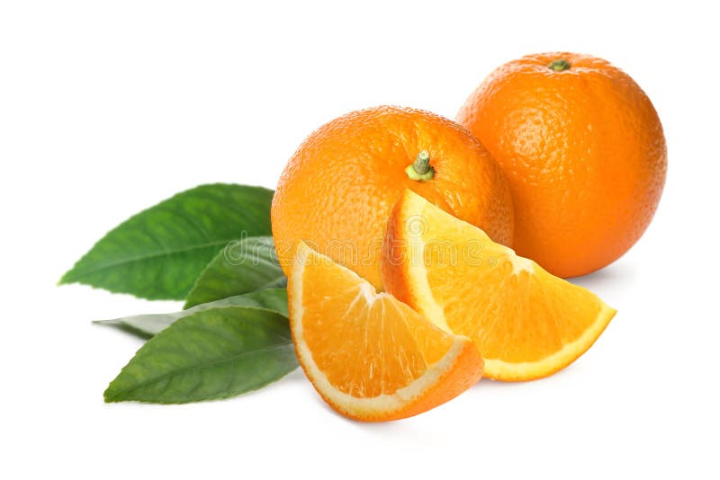 Fresh Ripe Oranges and Green Leaves on White Background. Citrus Fruit ...