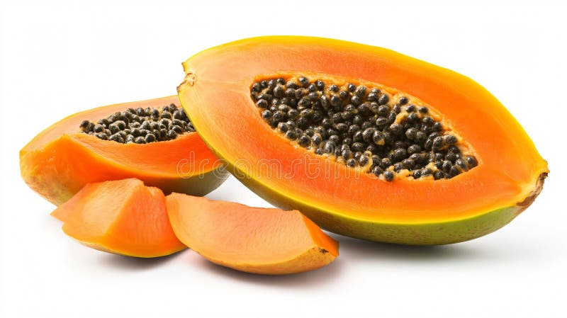Fresh Ripe Papaya and Sliced Papaya Isolated on White Background Stock ...