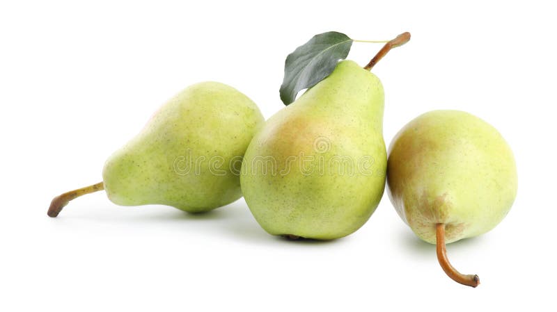 Fresh Ripe Pears with Green Leaf Isolated on White Stock Image - Image ...