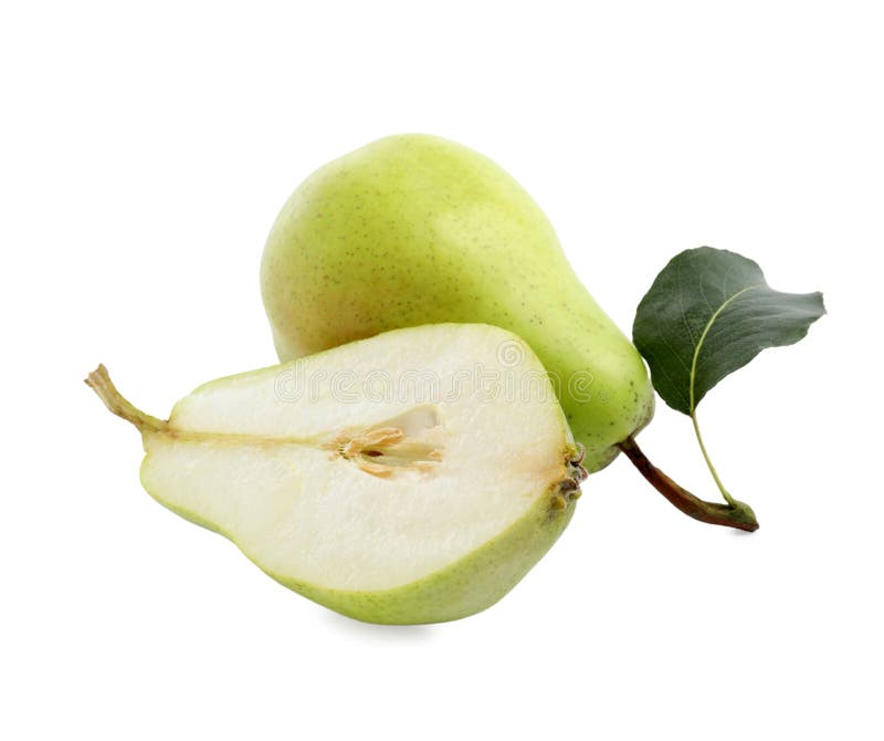 Fresh Ripe Pears with Green Leaf Isolated on White Stock Photo - Image ...