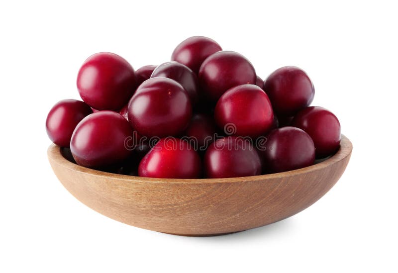 Fresh Ripe Plums in Bowl Isolated on White Stock Image - Image of ...