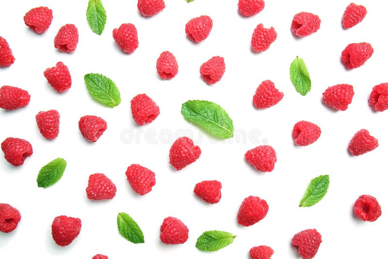 Fresh Ripe Raspberries with Mint Leaves on White Background Stock Image ...