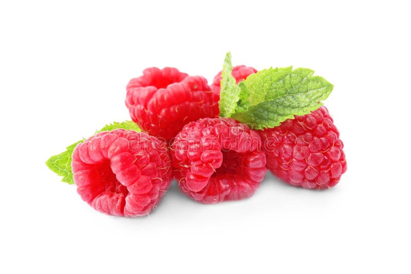 Fresh Ripe Raspberries with Mint Leaves on White Background Stock Photo ...