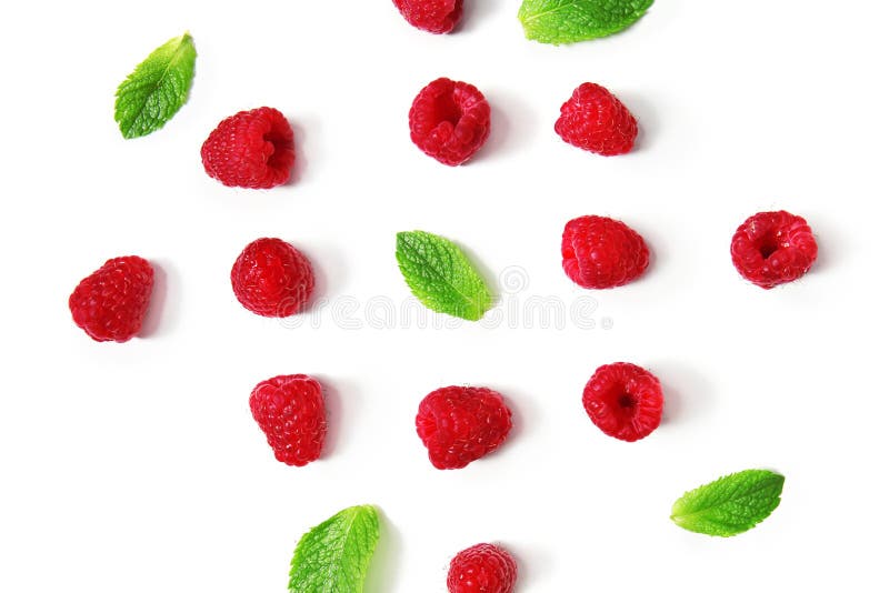 Fresh Ripe Raspberries with Mint Leaves on White Background Stock Photo ...