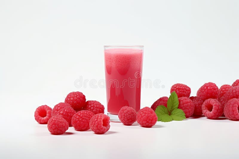 Fresh Ripe Raspberries Glass Raspberry Juice Pristine White Background ...