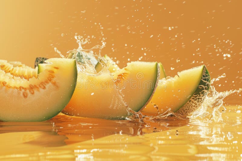 Fresh Ripe Sliced Melon Slices in Splashes of Water, Healthy Fruit ...