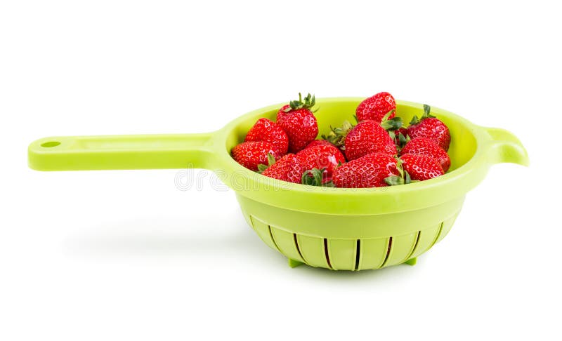 Red Strawberries in Colander on a White Wooden Table Stock Image ...
